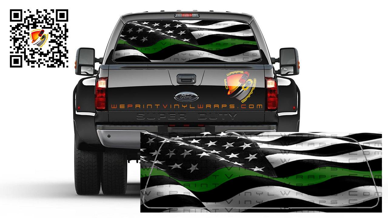 American Flag Black & White Waving Thin Green Line Military Rear Windo ...