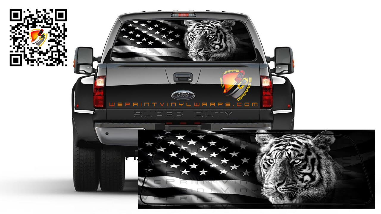 American Flag Black and White Bengal Tiger Rear Window Tint Perforated ...