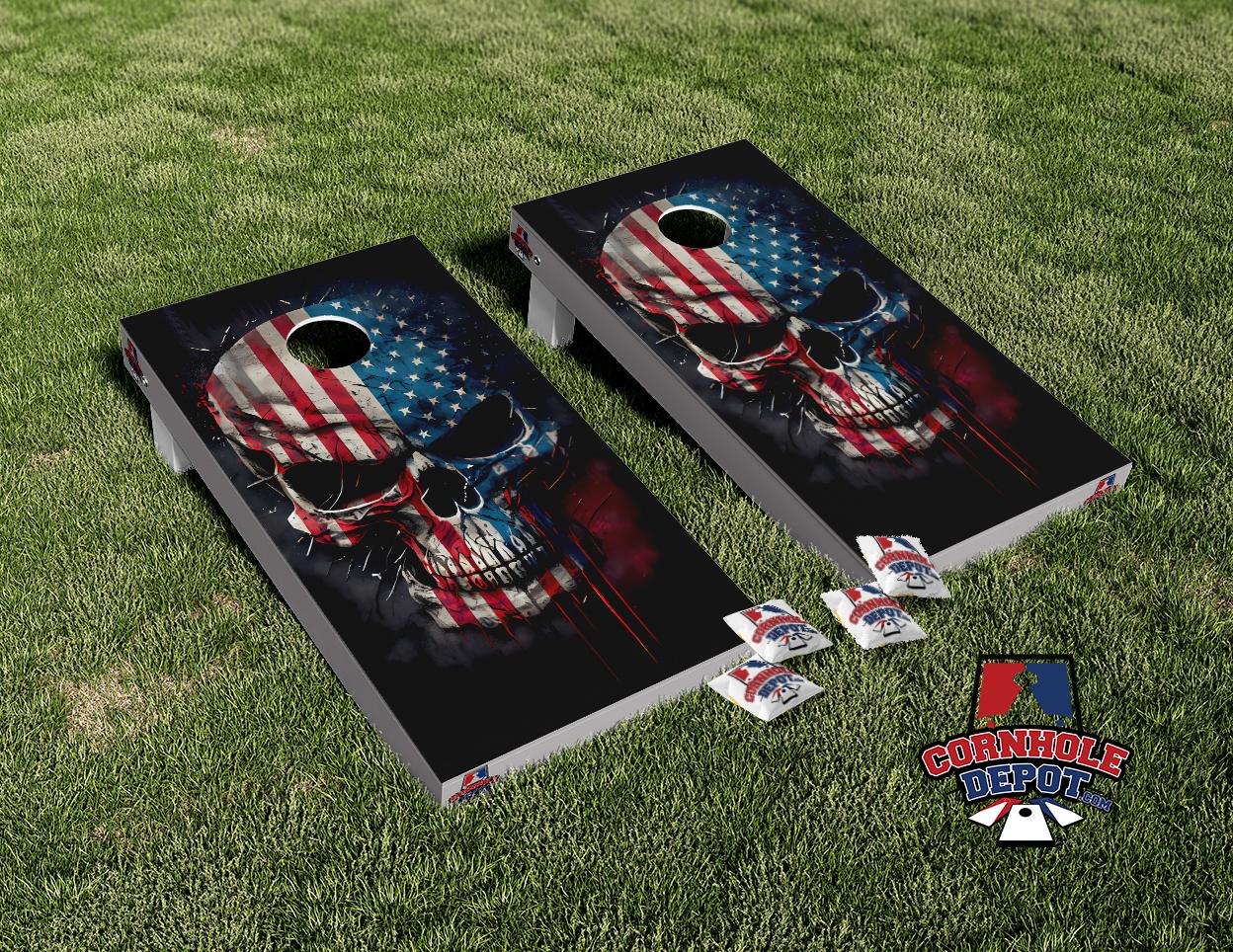 American Flag Skeleton Face Skull Patriotic Cornhole Board Vinyl Wrap ...