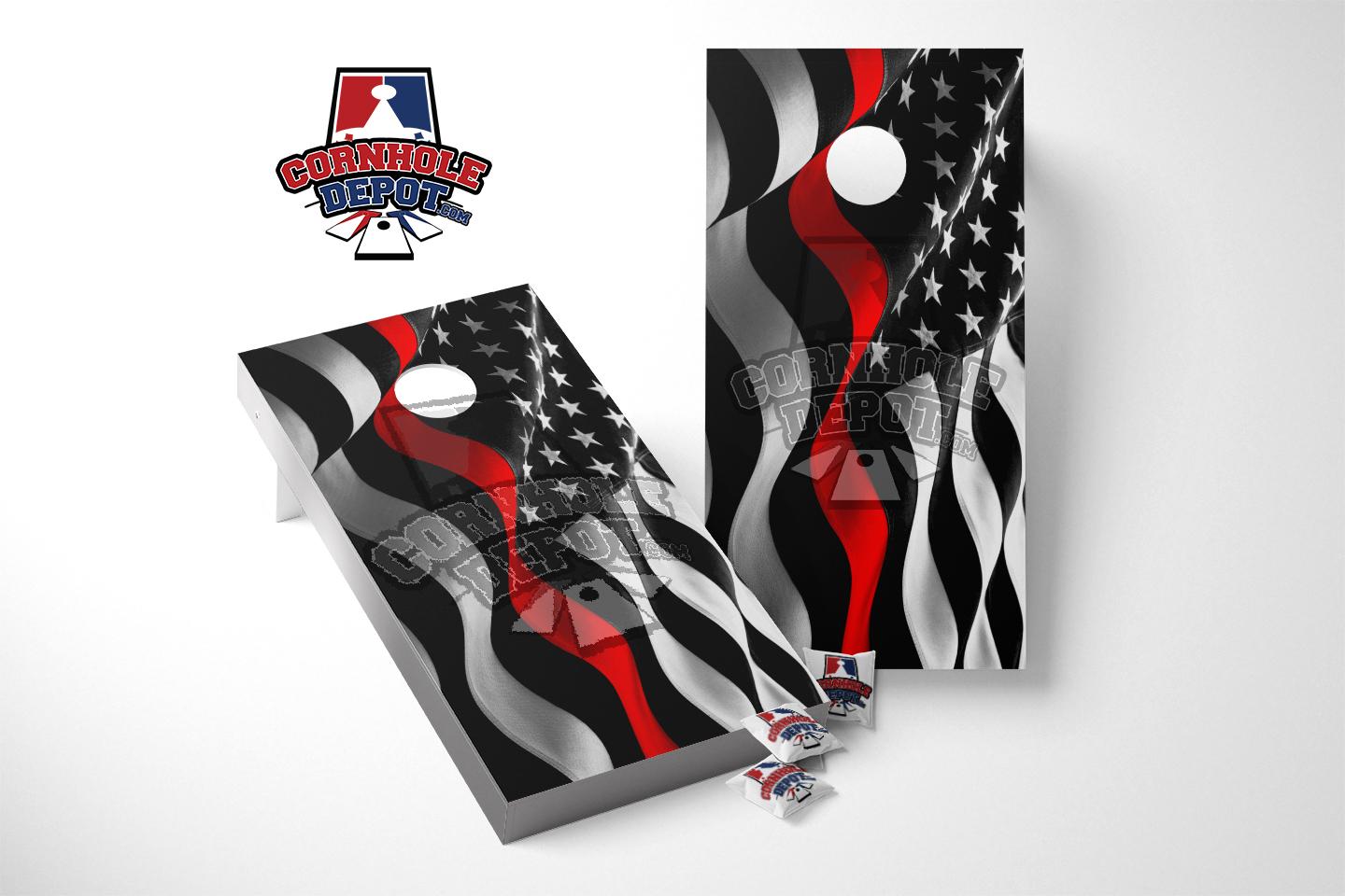 American Flag Wavy Black and White Thin Red Line Cornhole Board Vinyl ...