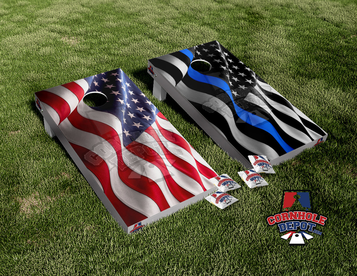 American Flag and Black and White Thin Blue Line Wavy Flag Split Set C ...