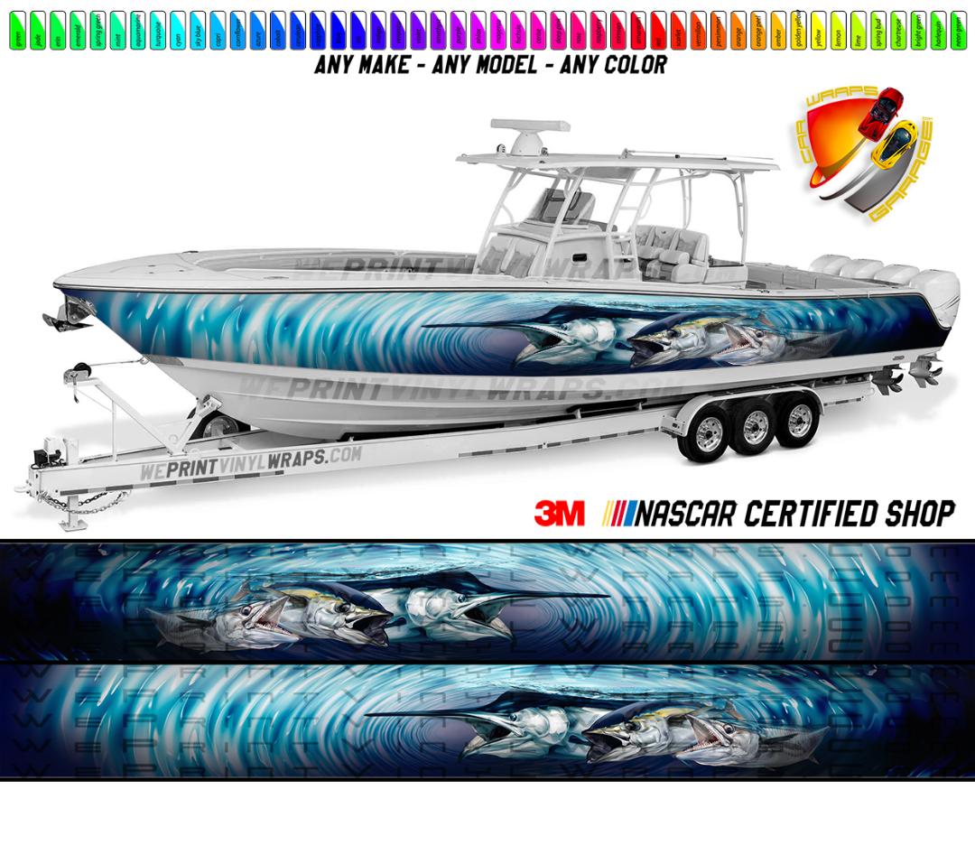 Blue Sailfish Fishes Graphic Vinyl Boat Wrap Decal Fishing Pontoon Spo ...
