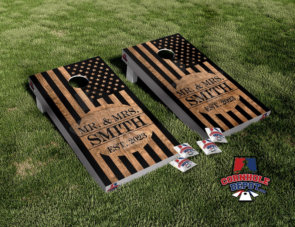 Custom Personalized Name American Flag Dark Wood Cornhole Board Vinyl ...