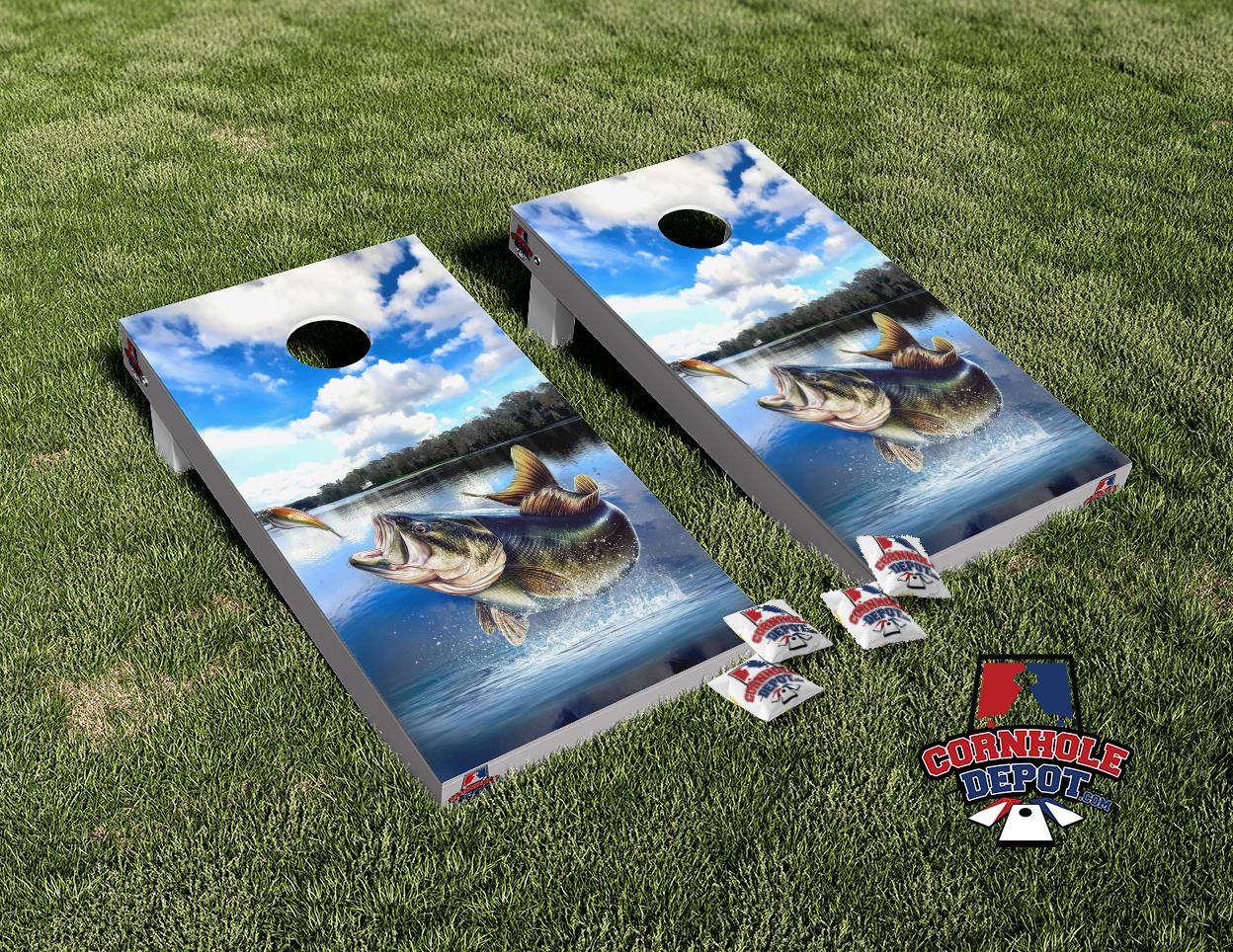 Jumping Seabass Lake Fishing Cornhole Board Vinyl Wrap Skins Laminated ...