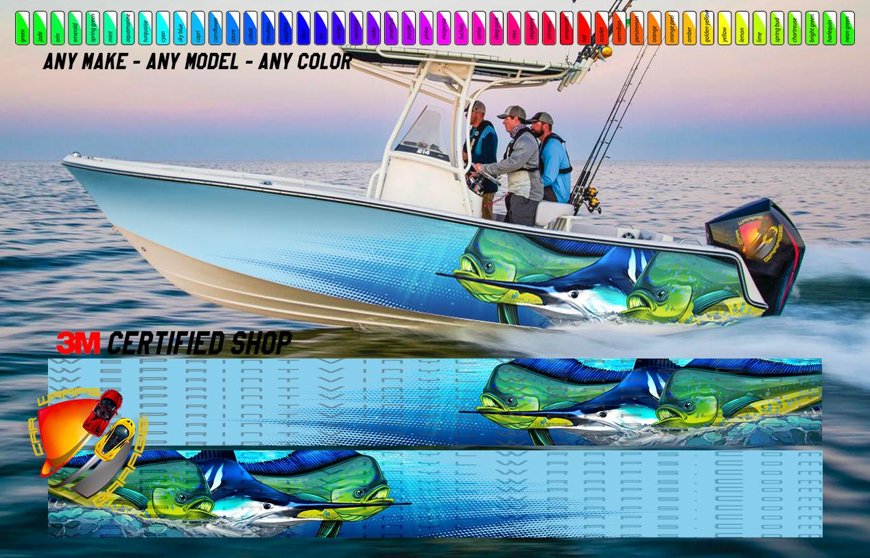 Mahi Mahi and Marlin Sky Blue Graphic Vinyl Boat Wrap Fishing Bass Pon ...