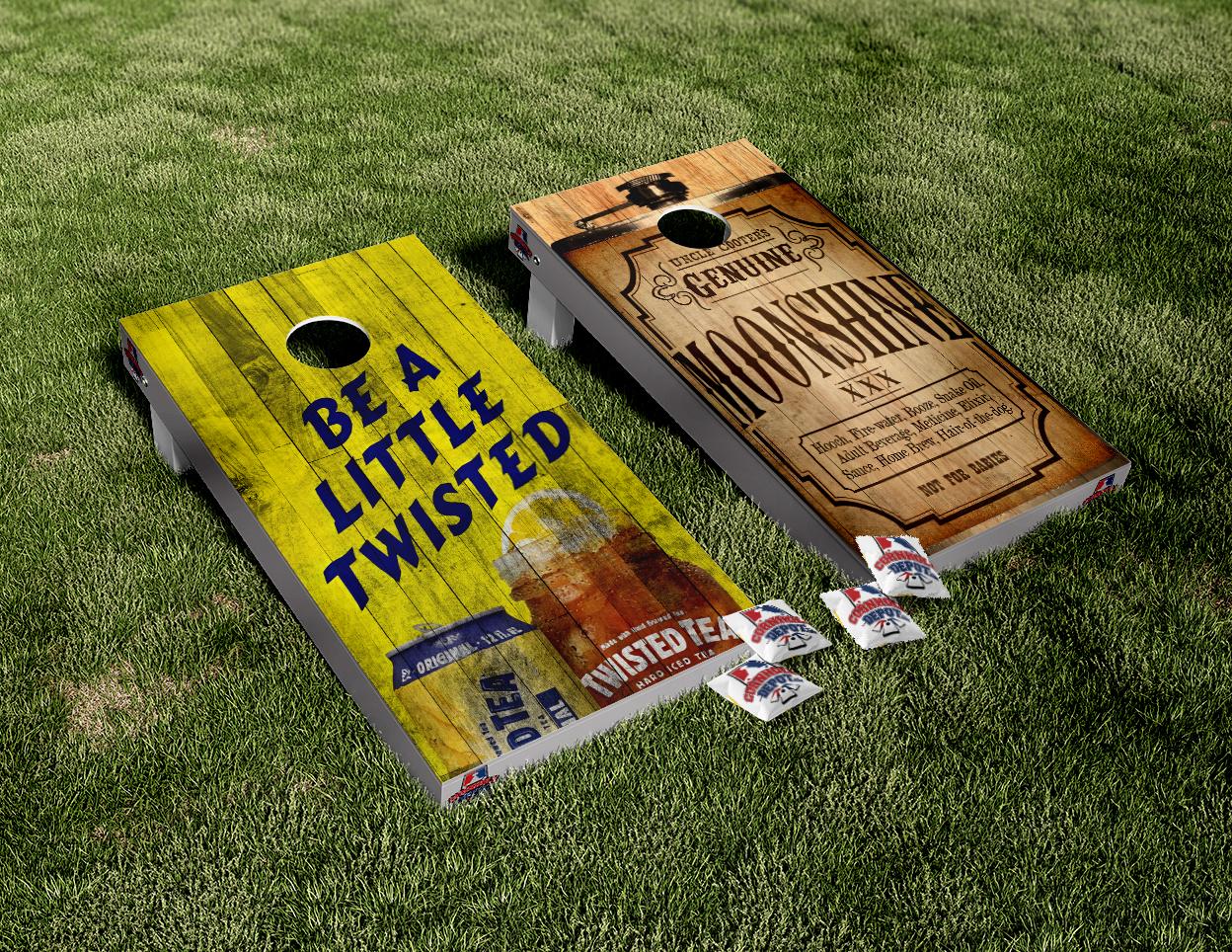 Moonshine Dark Wood/Twisted Tea Split Set Cornhole Board Vinyl Wrap Sk ...