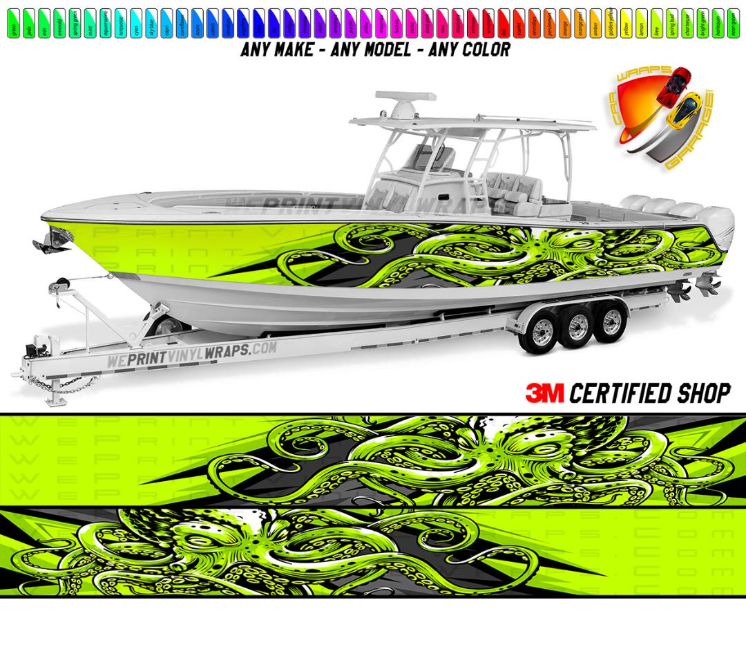 Octopus Lime Green Yellow Graphic Boat Vinyl Wrap Fishing Pontoon Sea ...