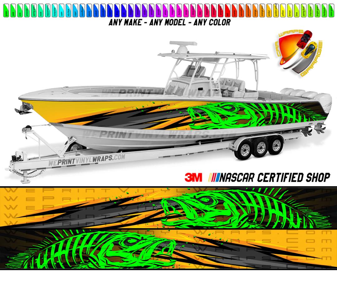 Orange and Lime Green Fishbones Seabass Graphic Boat Vinyl Wrap Decal ...
