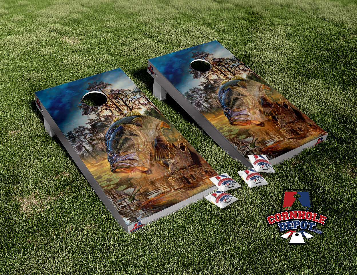 Seabass Jumping Sunset Lake Cornhole Board Vinyl Wrap Skins Laminated ...