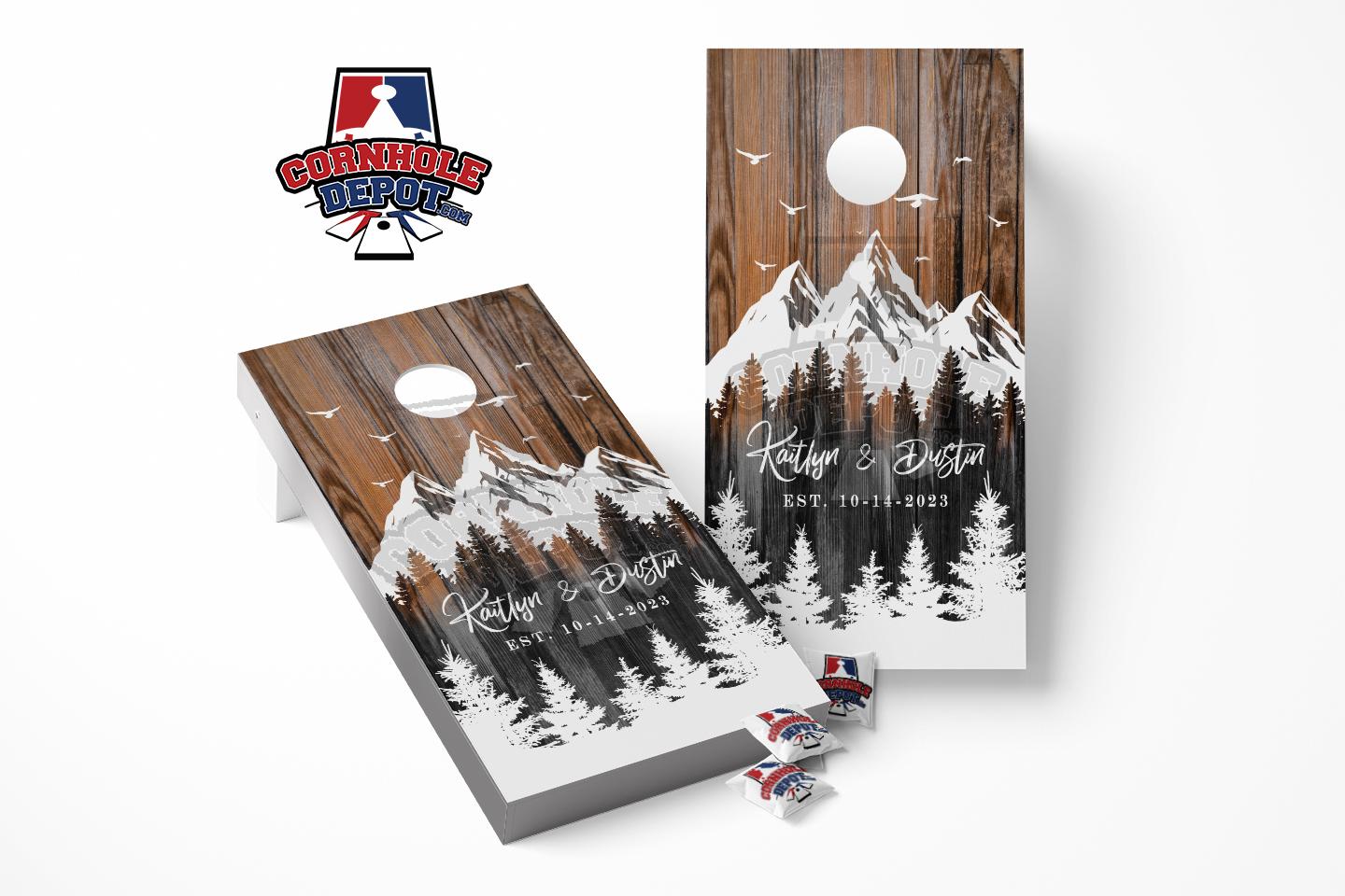 Snowy Mountains Pine Trees Custom Personalized Name Cornhole Board Vin ...