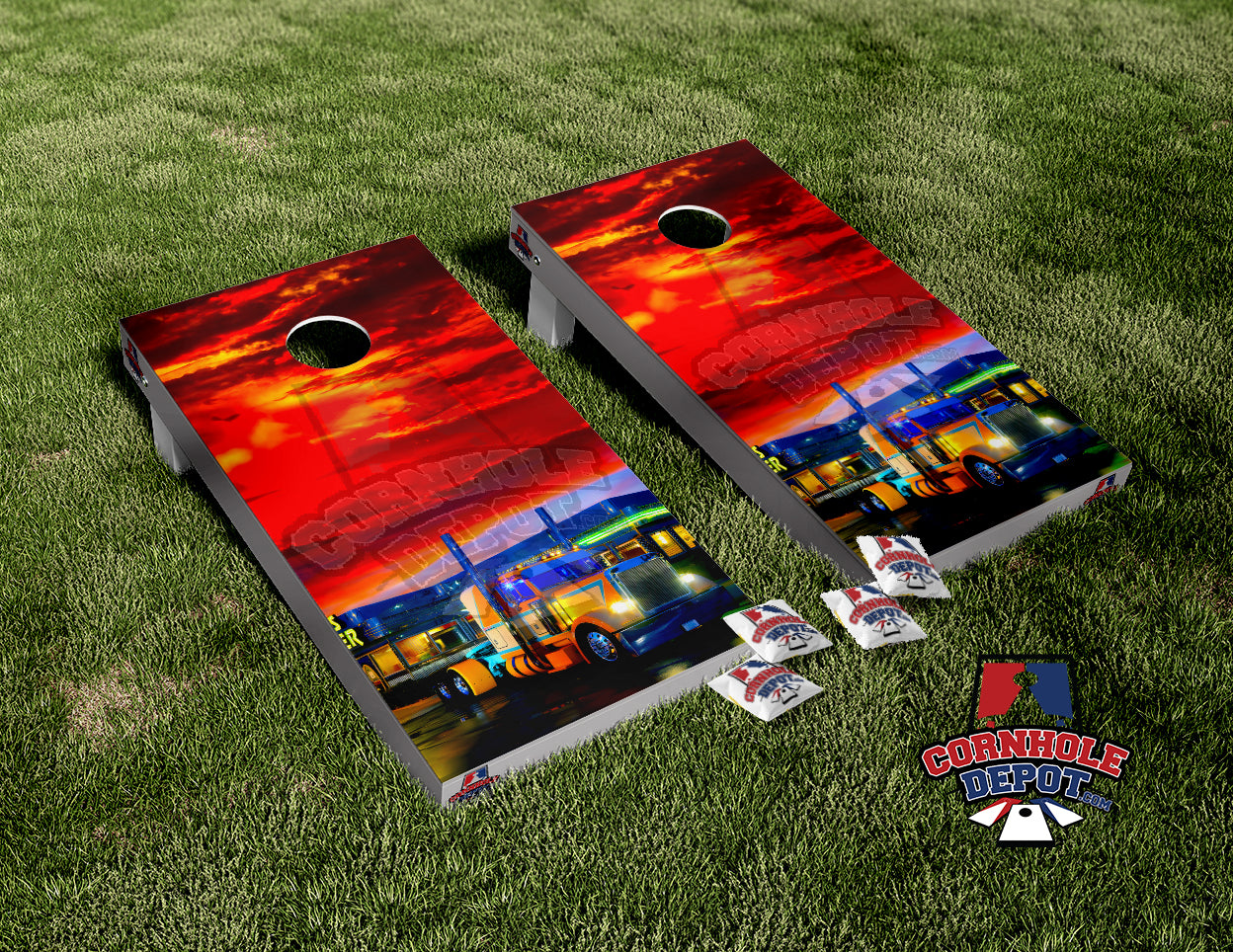 Truck Big Rig Sunset Cornhole Board Vinyl Wrap Skins Laminated Sticker ...
