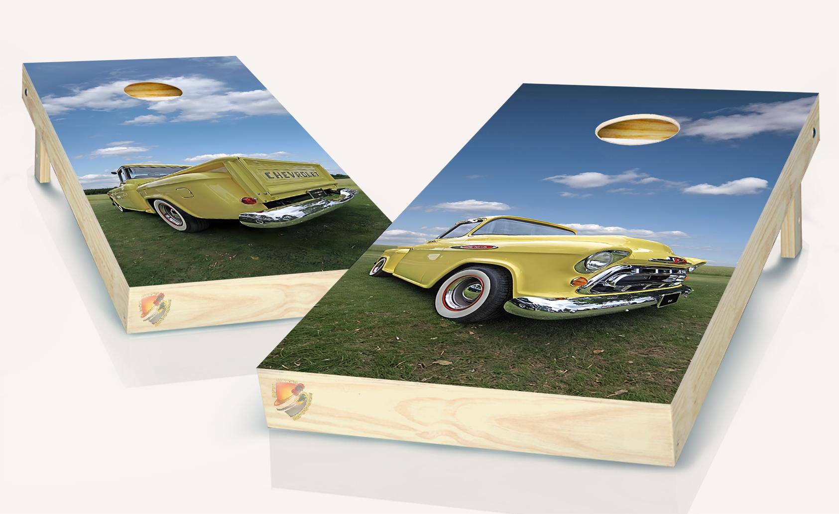 Yellow Truck Chevy Vintage Cornhole Board Vinyl Wrap Skins Laminated S ...
